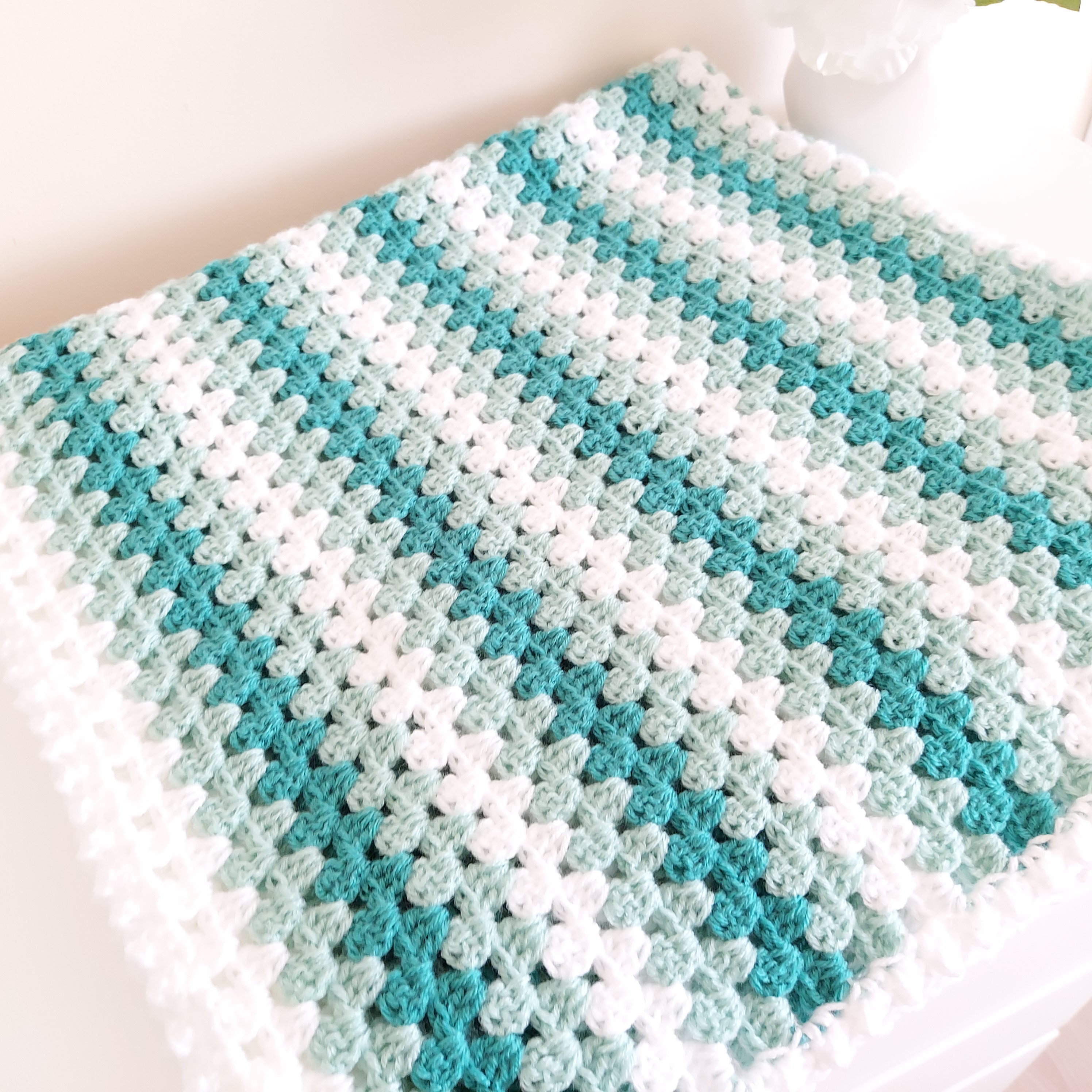 Crochet Baby Blanket BB0005 Hand Knitted Striped Blanket White Mint Teal