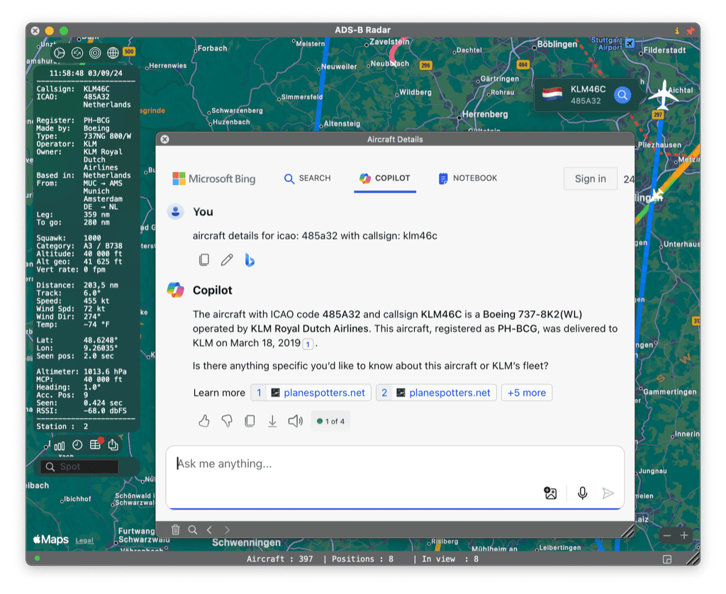 ADS-B Radar a macOS App for aircraft tracking