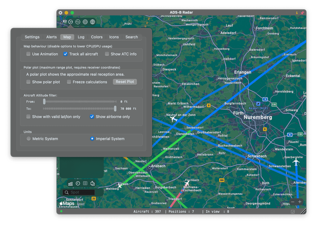 ADS-B Radar a macOS App for aircraft tracking