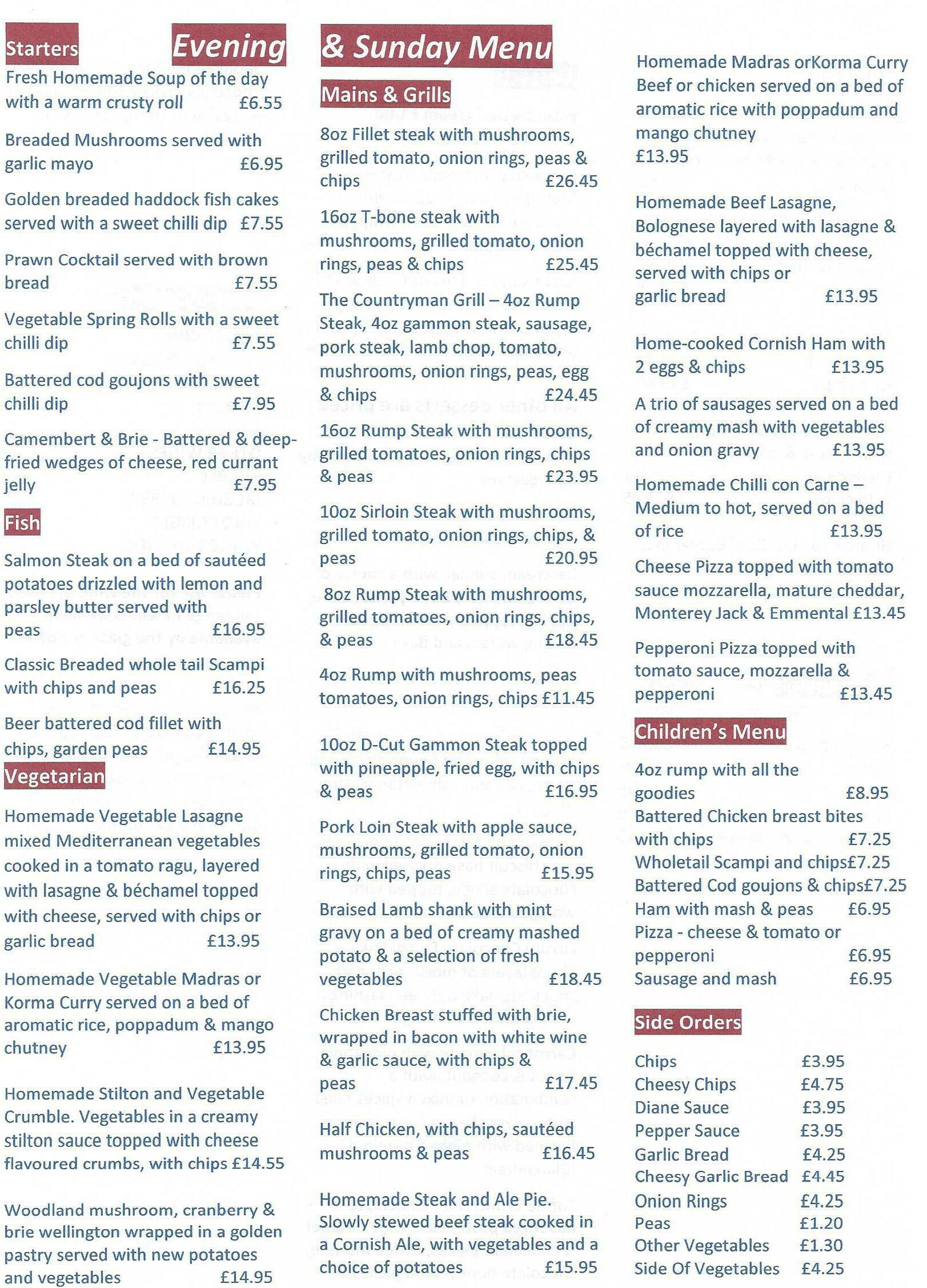 Evening / Sunday Lunch Menu | Countryman Inn
